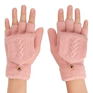 flammi women's warm knitted fingerless gloves convertible mittens (pink)