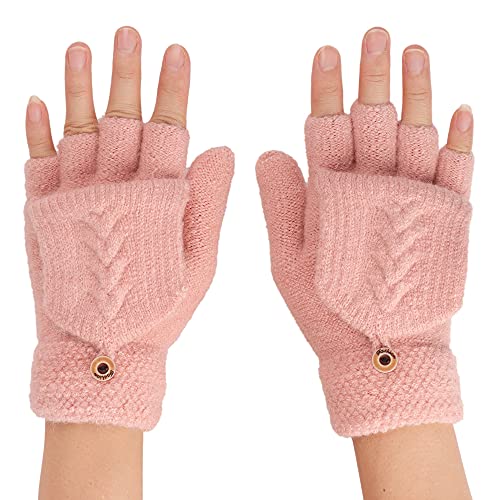 Flammi Women's Warm Knitted Fingerless Gloves Convertible Mittens (Pink)