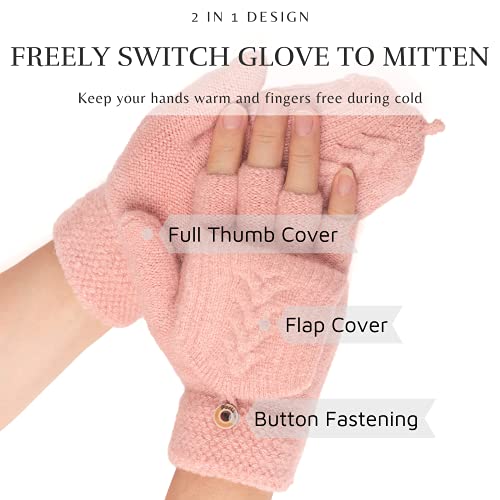 Flammi Women's Warm Knitted Fingerless Gloves Convertible Mittens (Pink)