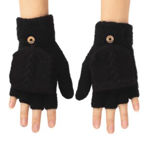 flammi women's warm knitted fingerless gloves convertible mittens (black) medium