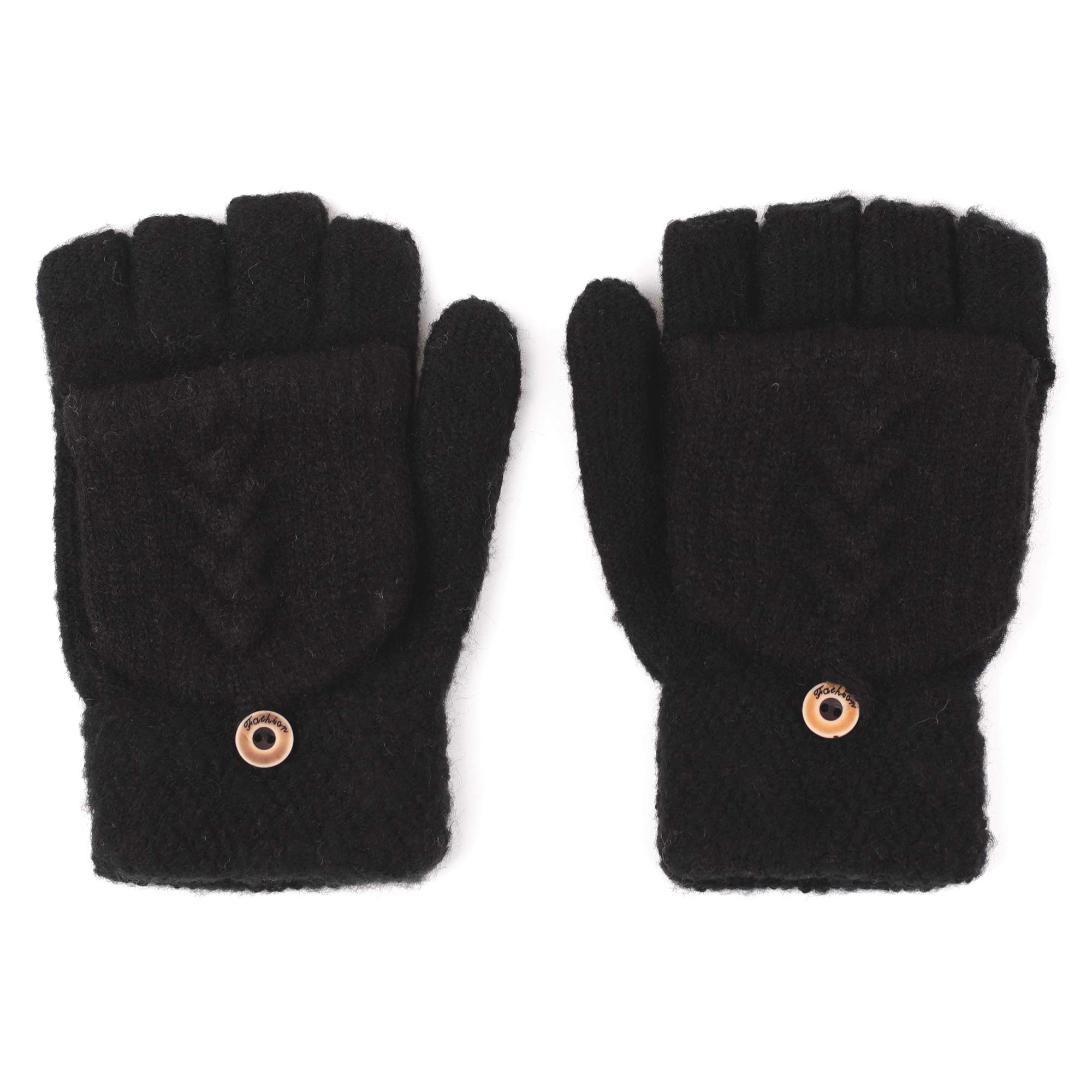 Flammi Women's Warm Knitted Fingerless Gloves Convertible Mittens (Black) Medium