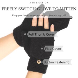 Flammi Women's Warm Knitted Fingerless Gloves Convertible Mittens (Black) Medium