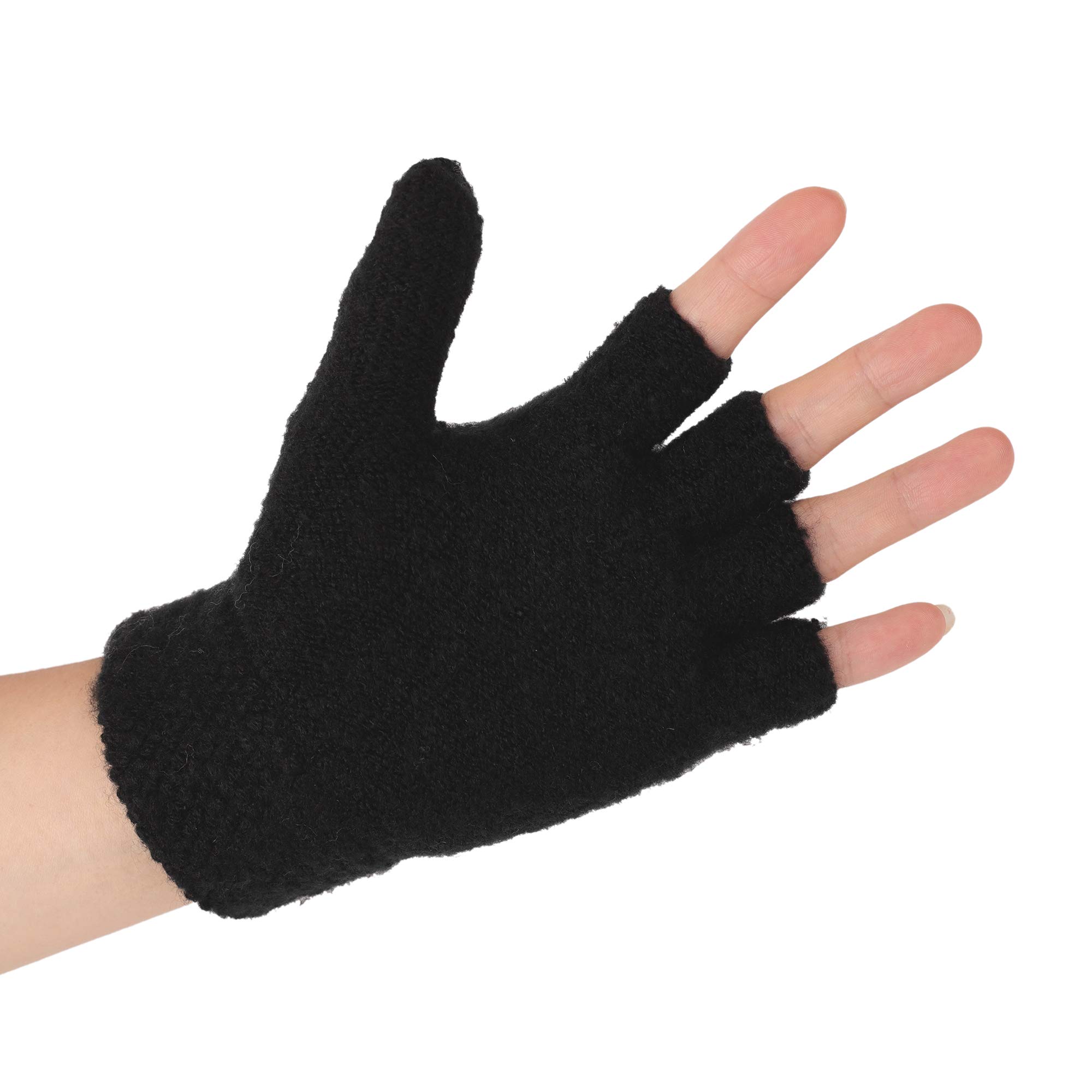 Flammi Women's Warm Knitted Fingerless Gloves Convertible Mittens (Black) Medium