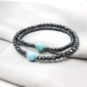 Lii Ji Natural Dominican Blue Green Larimar Hematite Beads 2pcs (Rubber 6 inch and 8 inch)