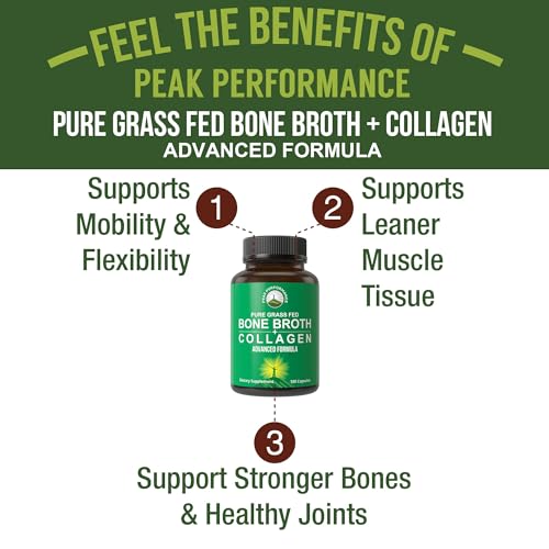 Bone Broth Collagen Capsules. 180 Pills of Grass Fed Bone Broth Collagen Protein Peptides. Contains All 3 Collagen Types 1, 2, and 3. Pure Pasture Raised Paleo Friendly Tablets for Women and Men