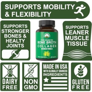 Bone Broth Collagen Capsules. 180 Pills of Grass Fed Bone Broth Collagen Protein Peptides. Contains All 3 Collagen Types 1, 2, and 3. Pure Pasture Raised Paleo Friendly Tablets for Women and Men