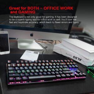 ONE-UP G300 LED Rainbow Backlit Mechanical Game Keyboard, Aluminum Alloy Cover, 87 Key Game Keyboard, Blue Switch, Suitable for PC Games (Black)