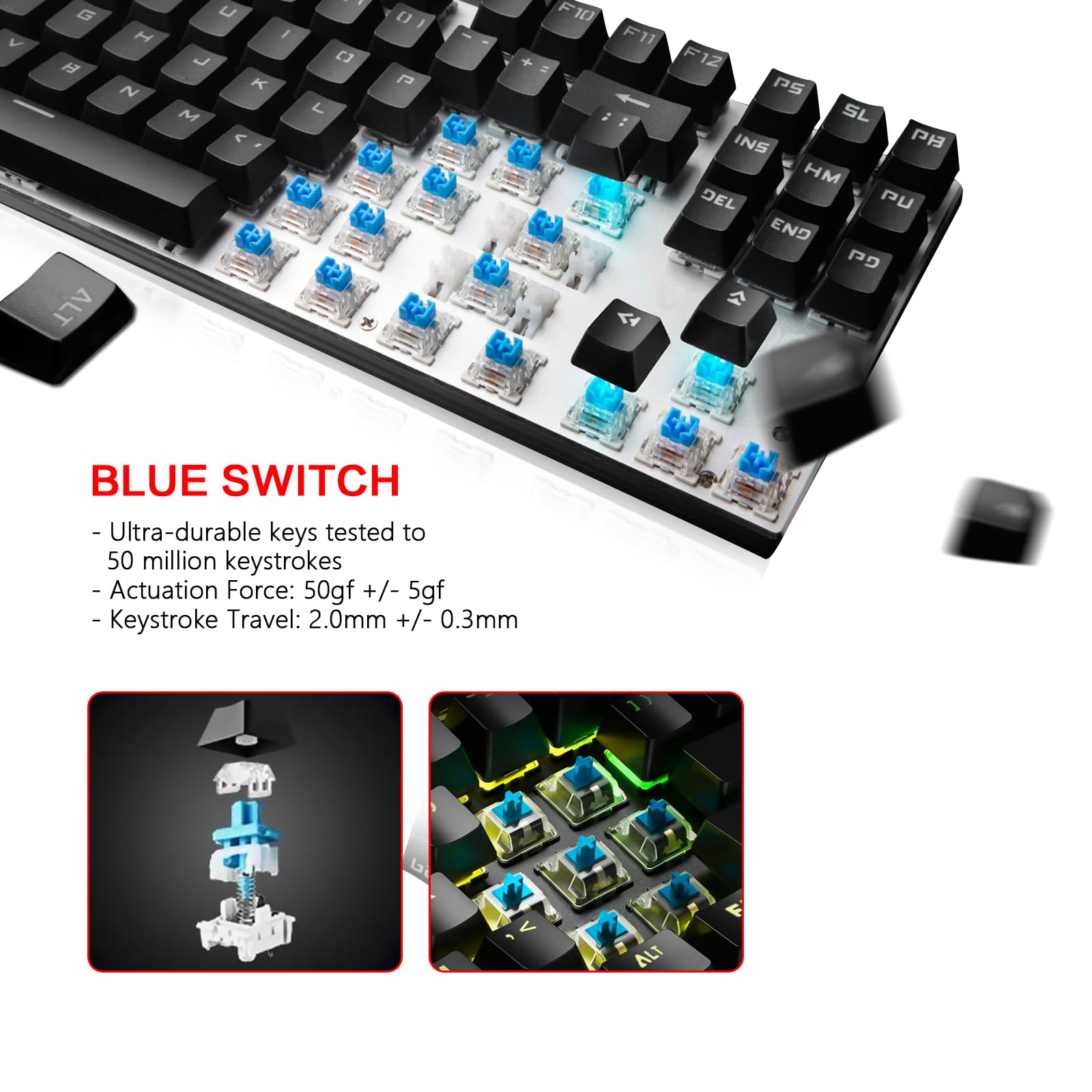 ONE-UP G300 LED Rainbow Backlit Mechanical Game Keyboard, Aluminum Alloy Cover, 87 Key Game Keyboard, Blue Switch, Suitable for PC Games (Black)