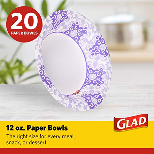 Glad Paper Bowls With Purple Victorian Design, 20Count | Disposable Paper Bowls for Parties & Picnics In Victorian Print | Microwave Safe Disposable Purple & White Bowls