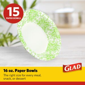 Glad Paper Bowls With Green Victorian Design, 15 Count | Disposable Paper Bowls for Parties and Picnics In Victorian Print | Microwave Safe Disposable Green and White Bowls