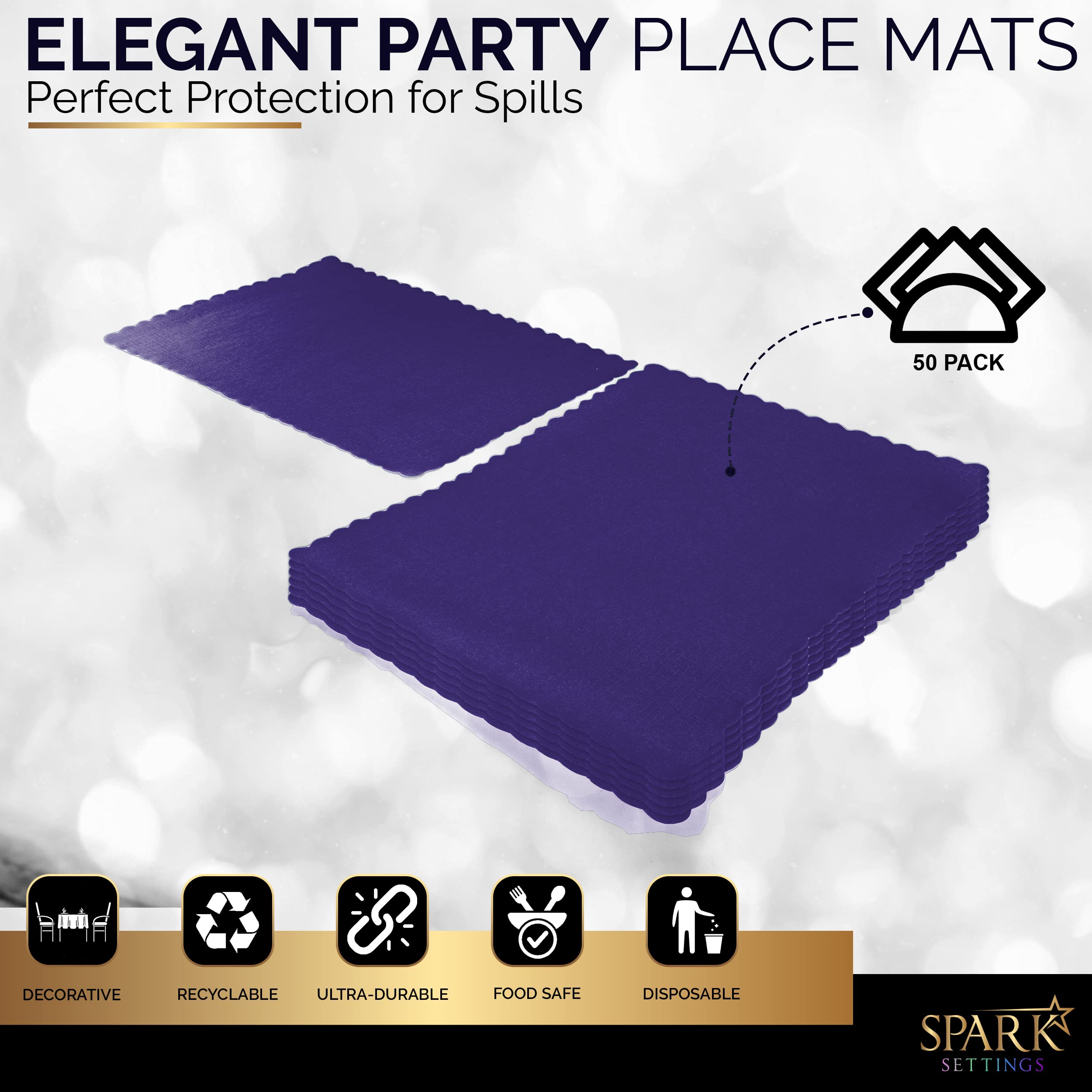 Paper Placemat Disposable, Purple Place Mats with Scalloped Edges, Durable Paper Placemat for Holiday Wedding Party Supplies Decor, 9.75 X 14 Inches, Pack of 50 - by SparkSettings