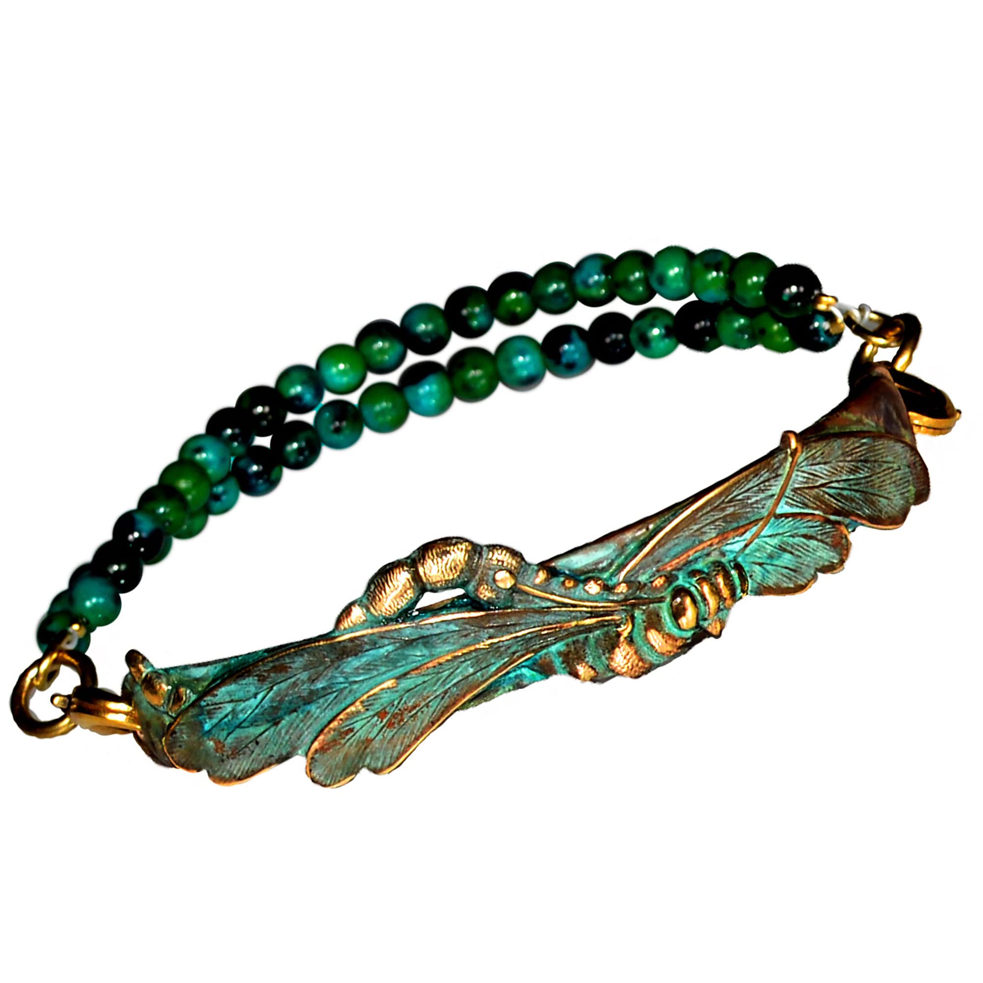 Elaine Coyne Collectible Artwear Verdigris Patina Solid Brass Realistic Dragonfly Medium Interchangeable Rockband Bracelet - Chrysocolla