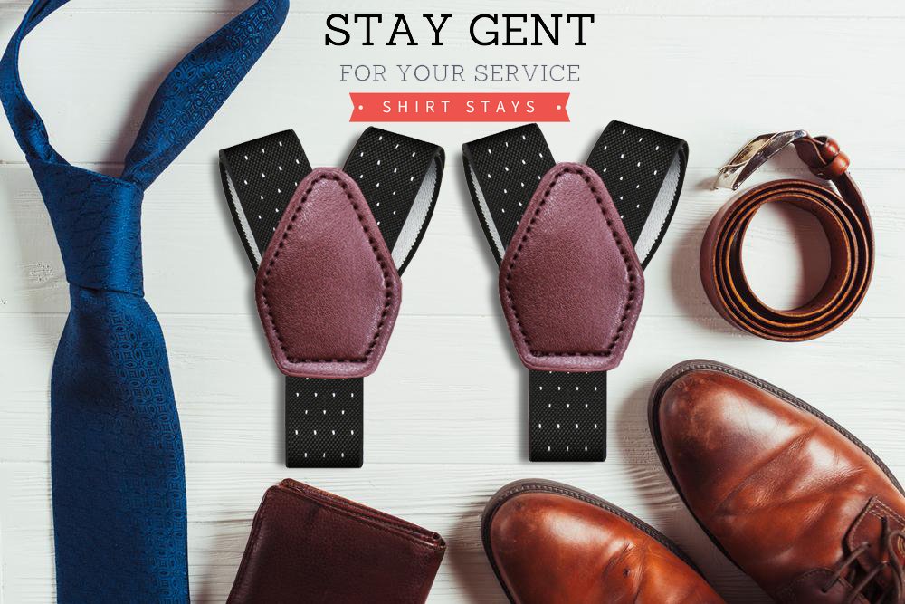 STAY GENT Y-Style Shirt Stays For Men with Non-Slip Locking Clamps and Adjustable Elastic Straps, Black - Free cutting to fit your length