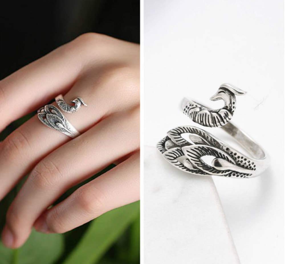 Yfnfxl Women’s Adjustable Open Animal Ring, Cute Lovely Silver Peacock Cool Rings for Women (Peacock)