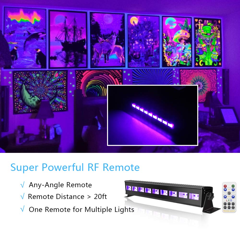 60 ft-Remote UV Black Light for Parties, JLPOW Super Bright 27W Dimmable Sound Activated Black Lights, DMX Control 9 LED UV Bar Blacklight,Best for Glow Dance Party Birthday Wedding DJ Stage Lighting