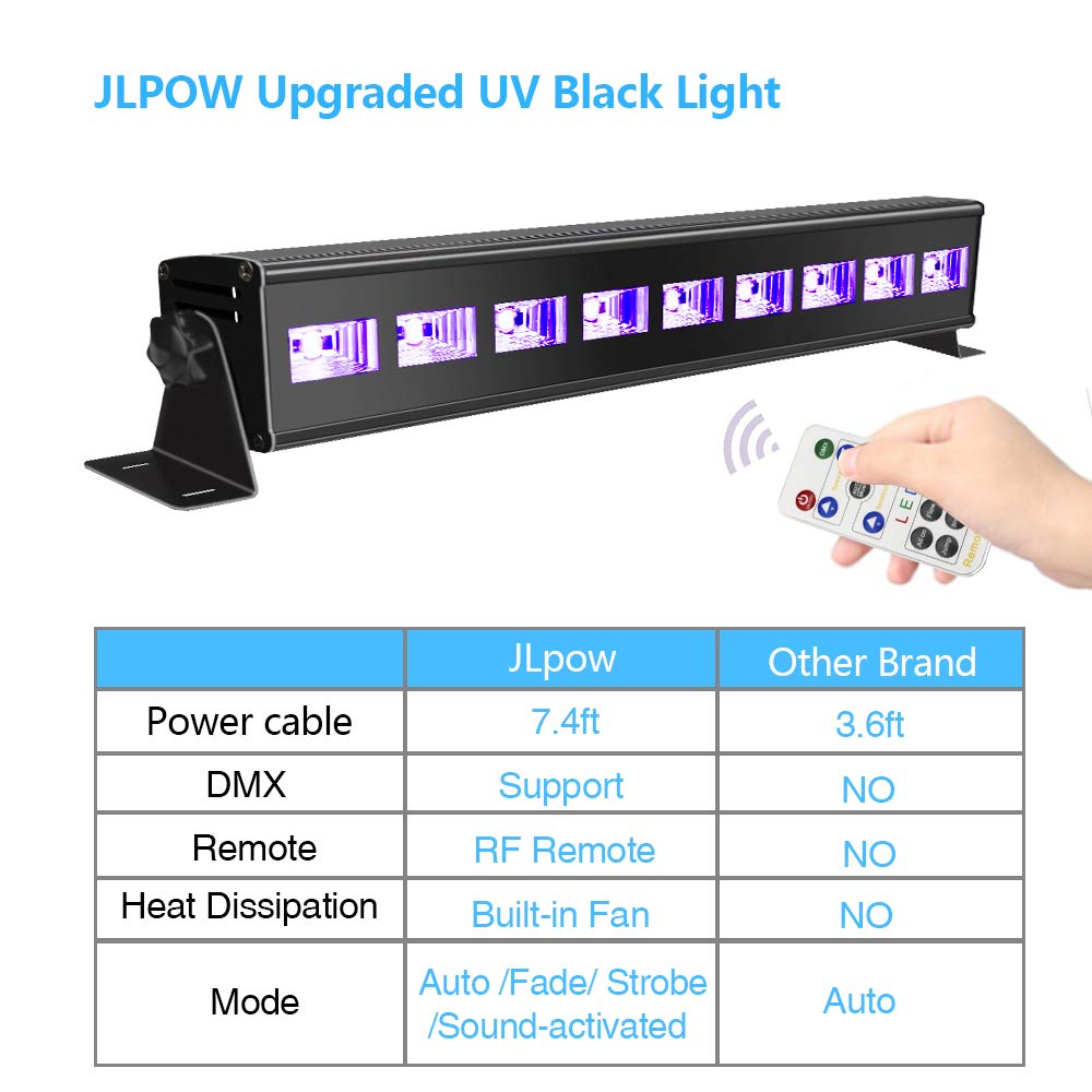 60 ft-Remote UV Black Light for Parties, JLPOW Super Bright 27W Dimmable Sound Activated Black Lights, DMX Control 9 LED UV Bar Blacklight,Best for Glow Dance Party Birthday Wedding DJ Stage Lighting