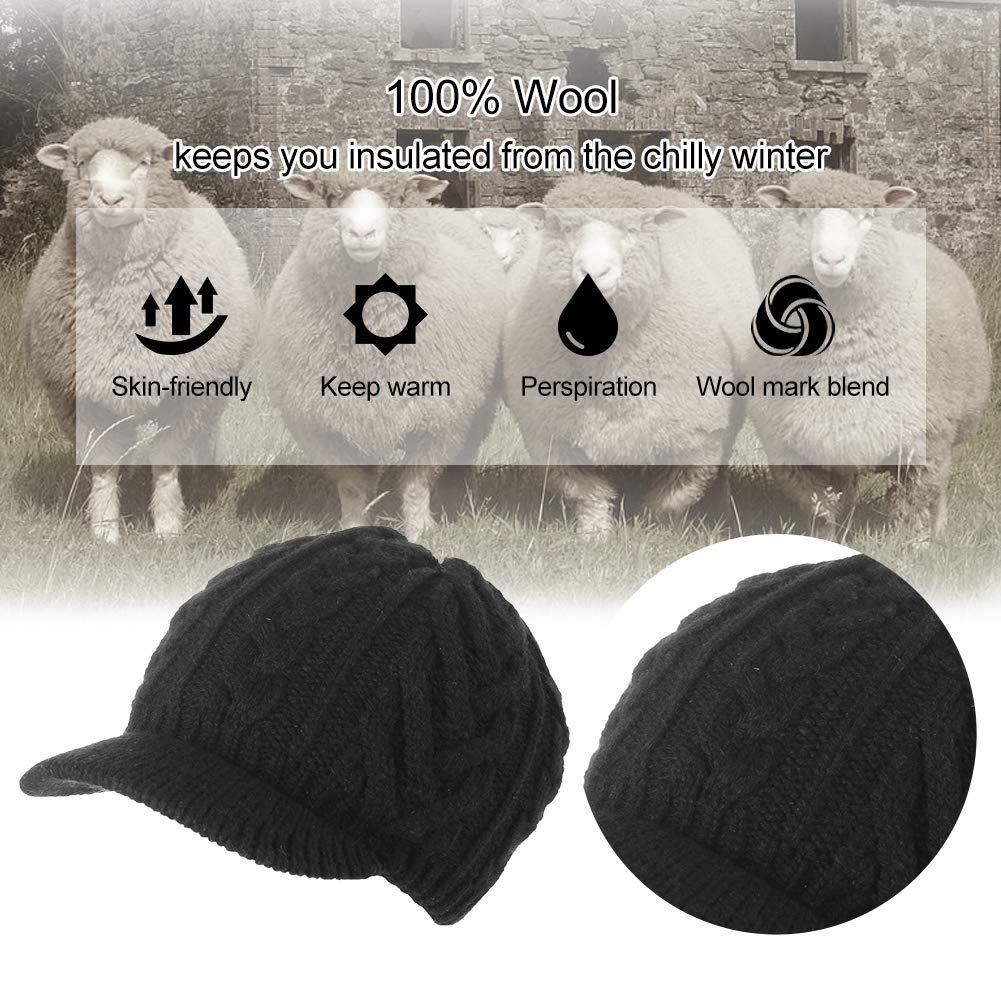 Jeff & Aimy 100% Wool Knitted Visor Beanie with Brim Cold Weather Winter Hat for Women Newsboy Cap Black