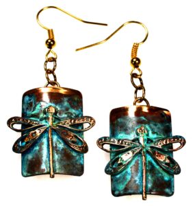 elaine coyne verdigris patina solid brass dragonfly on rectangle dangle earrings