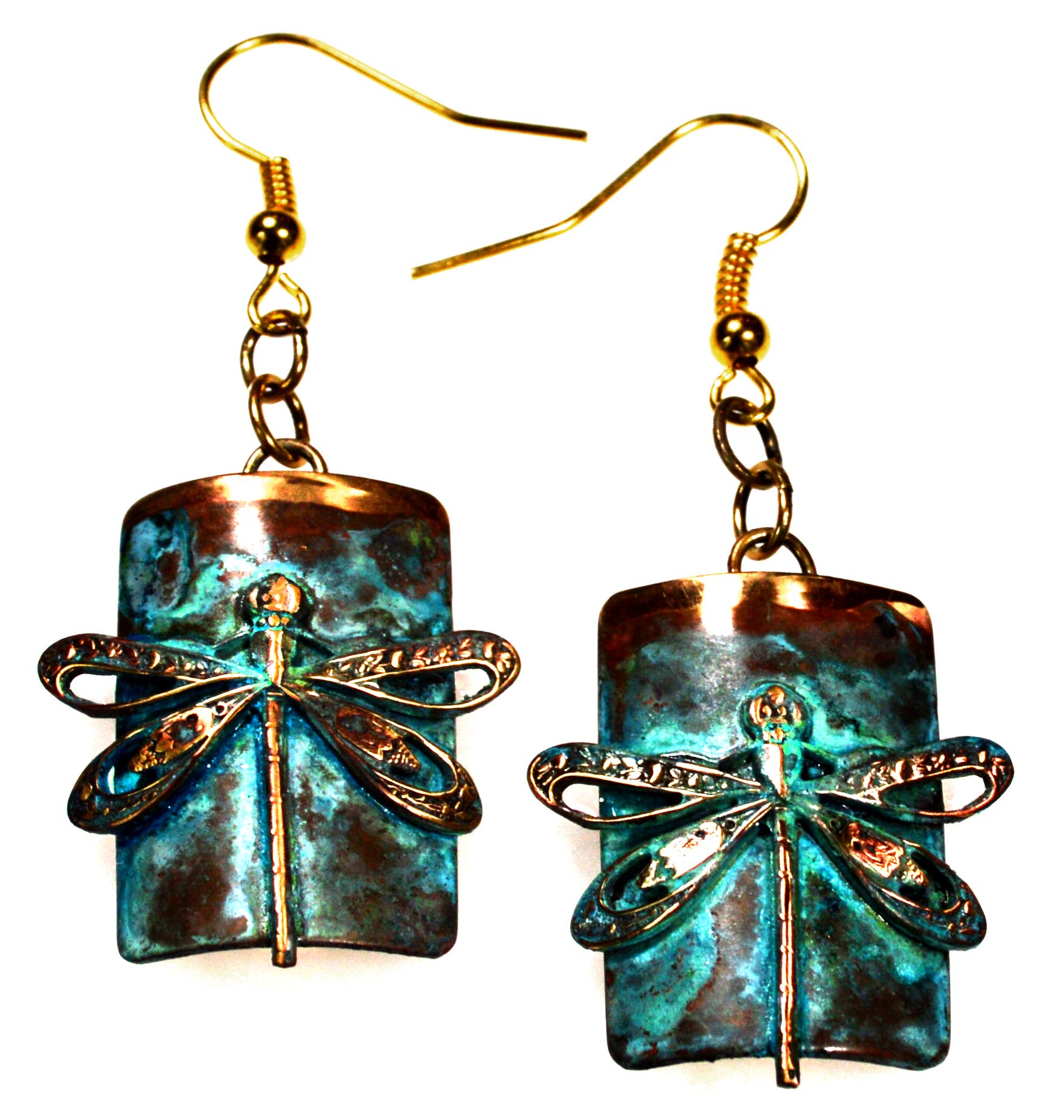 Elaine Coyne Verdigris Patina Solid Brass Dragonfly on Rectangle Dangle Earrings