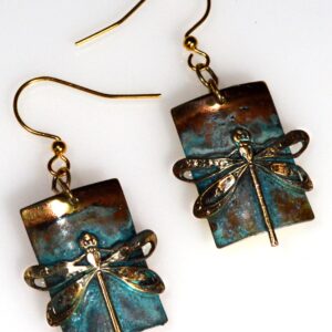 Elaine Coyne Verdigris Patina Solid Brass Dragonfly on Rectangle Dangle Earrings