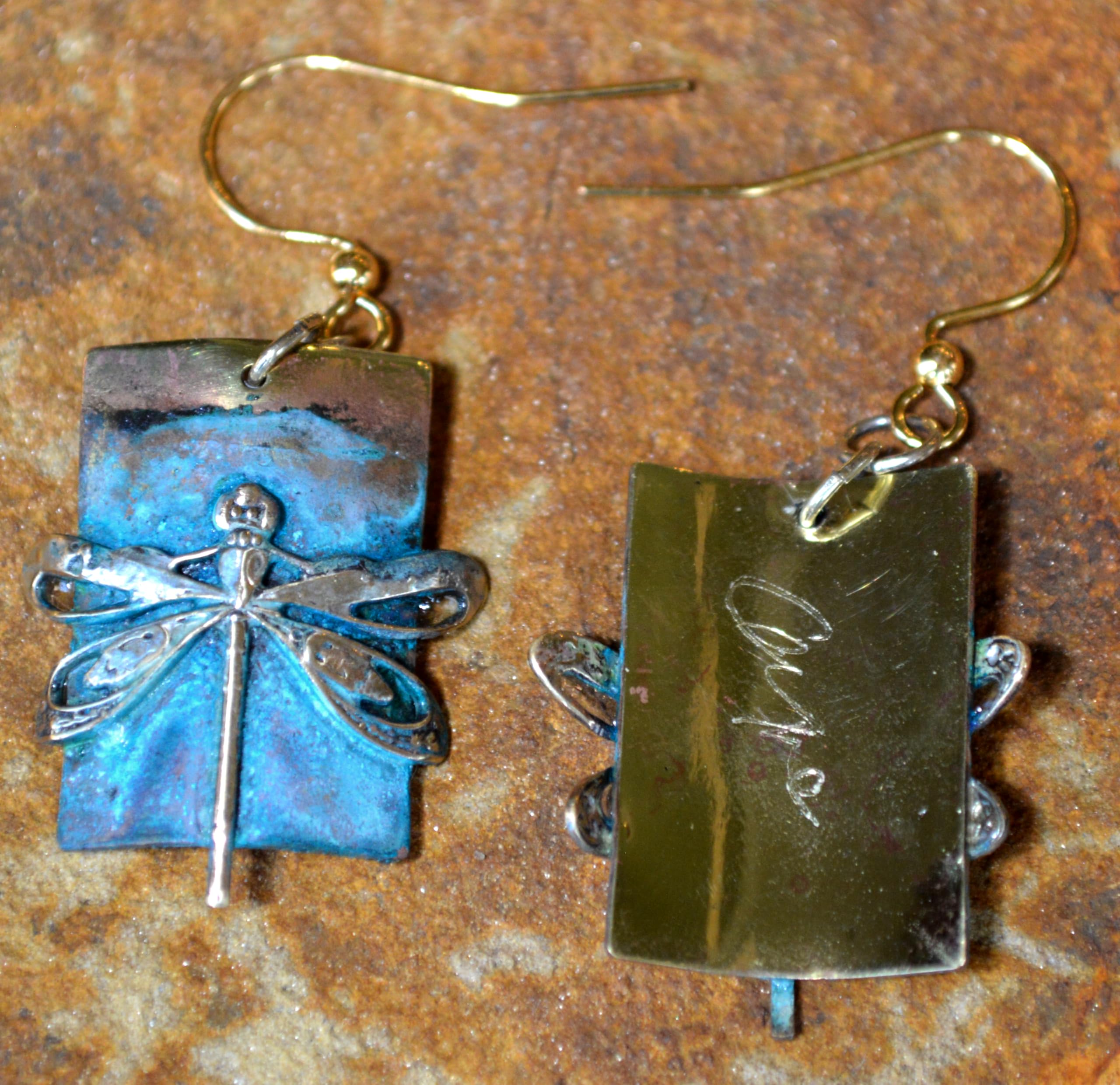 Elaine Coyne Verdigris Patina Solid Brass Dragonfly on Rectangle Dangle Earrings