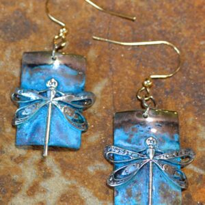 Elaine Coyne Verdigris Patina Solid Brass Dragonfly on Rectangle Dangle Earrings