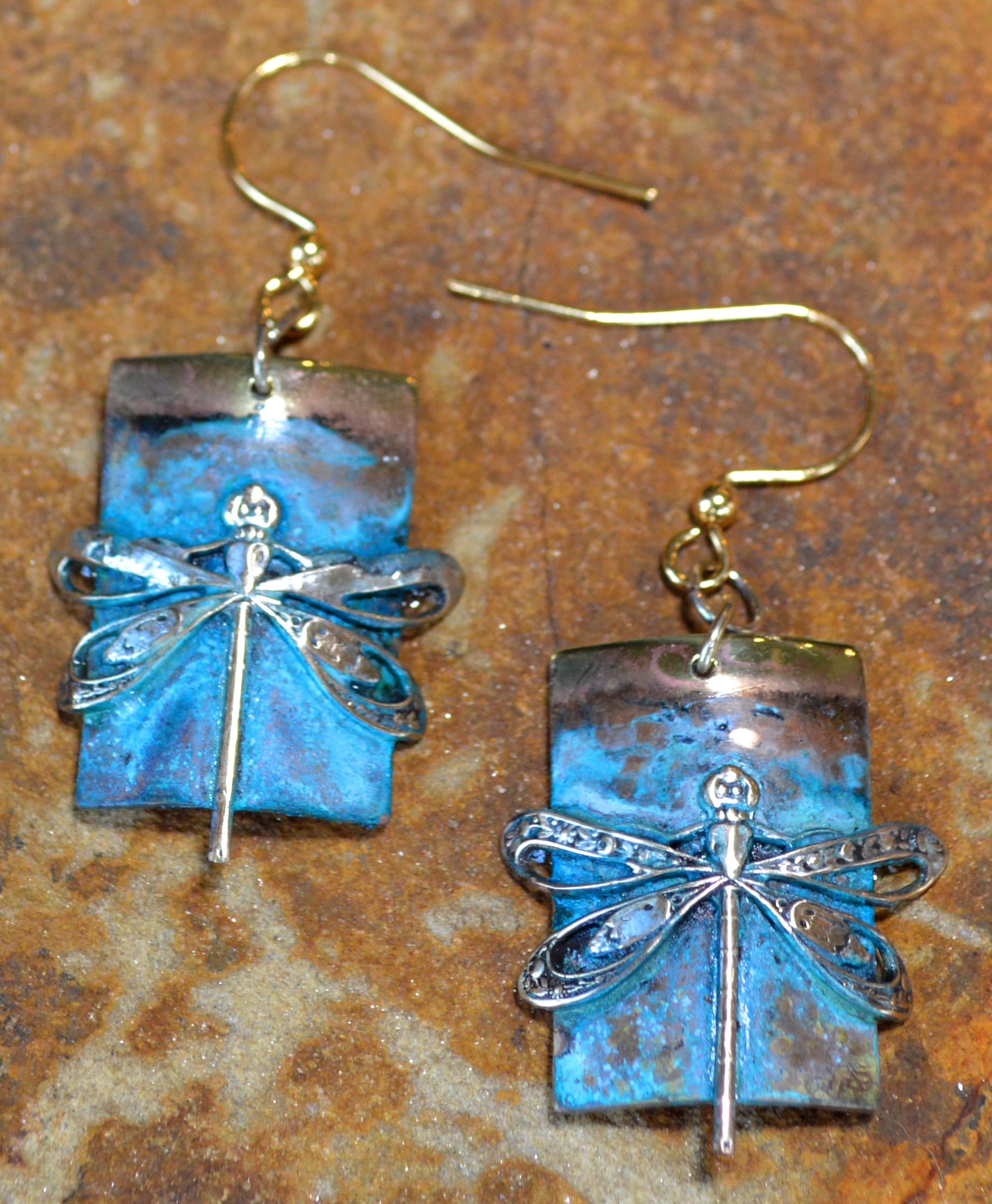 Elaine Coyne Verdigris Patina Solid Brass Dragonfly on Rectangle Dangle Earrings