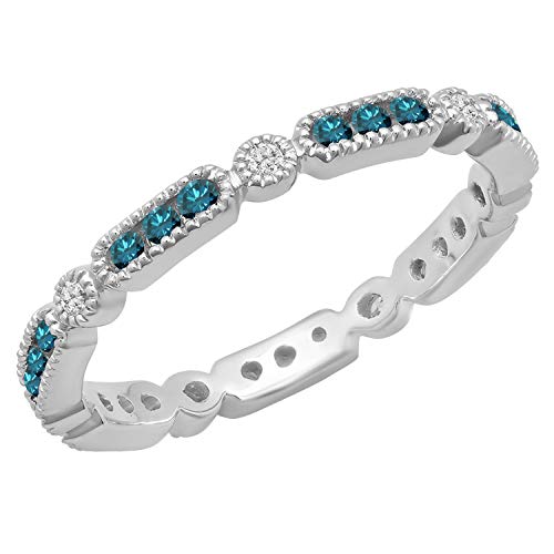 Dazzlingrock Collection Round Blue & White Diamond Miligrain Edge Wedding Eternity Band for Women in 14K White Gold, Size 7