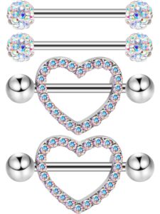 jovitec 2 pairs stainless steel nipple ring cz barbell rhinestone nipple studs for nipple tougue body piercing, 14 g (ab clolor)