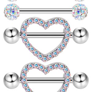 JOVITEC 2 Pairs Stainless Steel Nipple Ring CZ Barbell Rhinestone Nipple Studs for Nipple Tougue Body Piercing, 14 G (AB clolor)