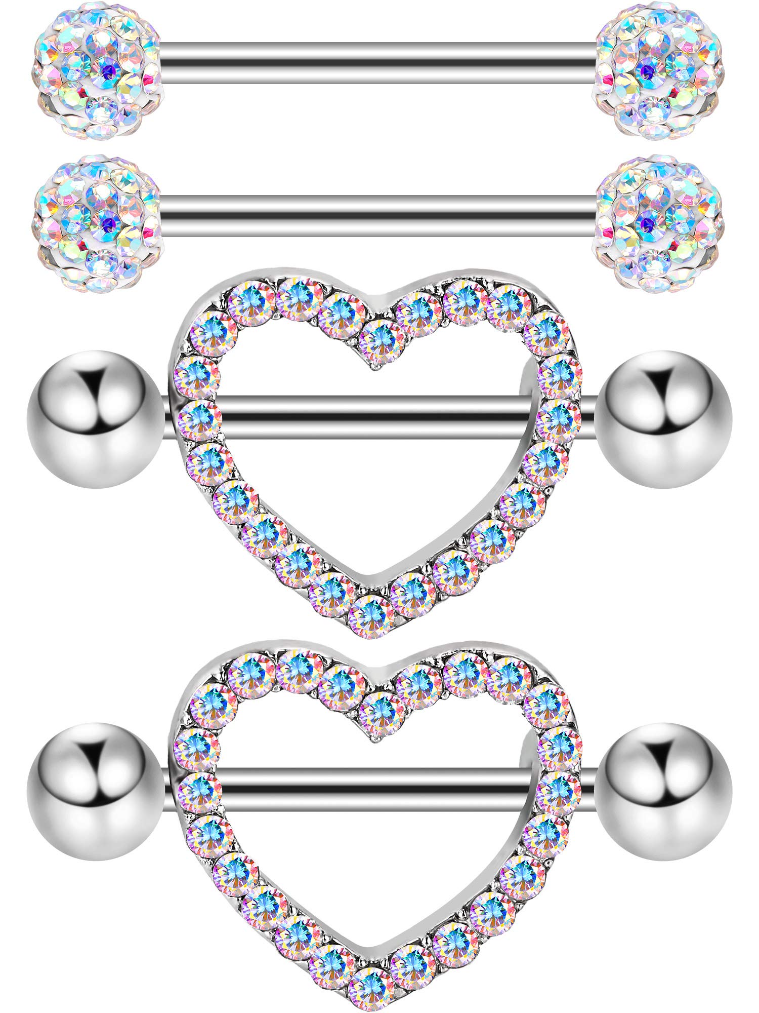 JOVITEC 2 Pairs Stainless Steel Nipple Ring CZ Barbell Rhinestone Nipple Studs for Nipple Tougue Body Piercing, 14 G (AB clolor)