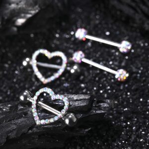 JOVITEC 2 Pairs Stainless Steel Nipple Ring CZ Barbell Rhinestone Nipple Studs for Nipple Tougue Body Piercing, 14 G (AB clolor)