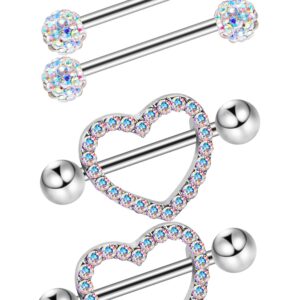 JOVITEC 2 Pairs Stainless Steel Nipple Ring CZ Barbell Rhinestone Nipple Studs for Nipple Tougue Body Piercing, 14 G (AB clolor)