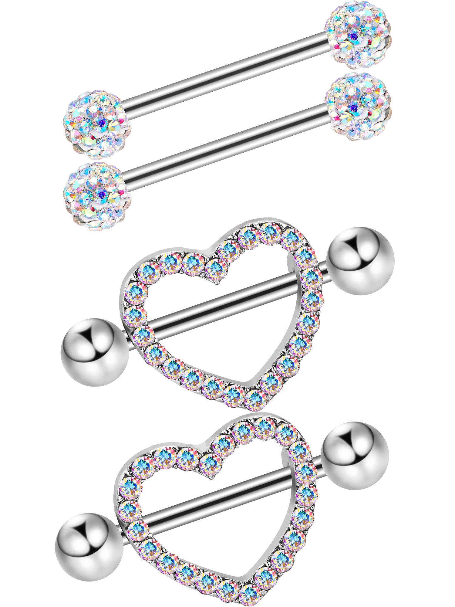 JOVITEC 2 Pairs Stainless Steel Nipple Ring CZ Barbell Rhinestone Nipple Studs for Nipple Tougue Body Piercing, 14 G (AB clolor)