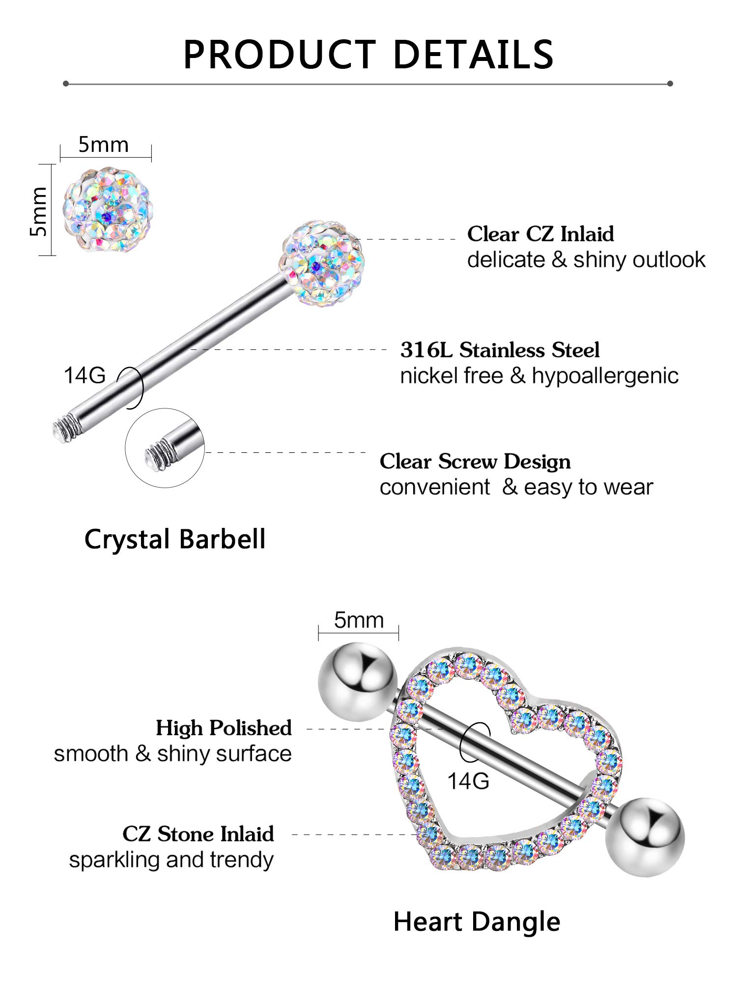 JOVITEC 2 Pairs Stainless Steel Nipple Ring CZ Barbell Rhinestone Nipple Studs for Nipple Tougue Body Piercing, 14 G (AB clolor)