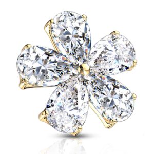 fifth cue 14g five pear cz flower 316l surgical steel internally threaded dermal anchor top (gold/clear)