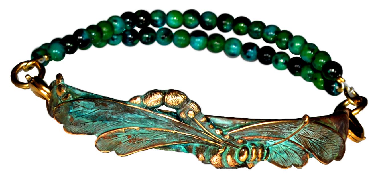 Elaine Coyne Collectible Artwear Verdigris Patina Art Nouveau Dragonfly Medium Rockband Bracelet - Chrysocolla