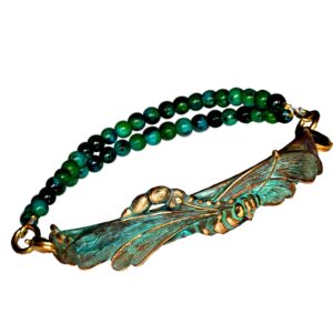 Elaine Coyne Collectible Artwear Verdigris Patina Art Nouveau Dragonfly Medium Rockband Bracelet - Chrysocolla