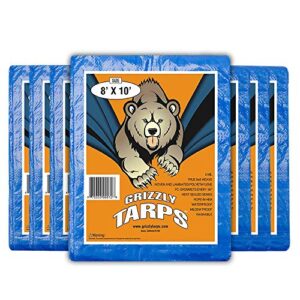 grizzly tarps by b-air 8' x 10' large multi-purpose waterproof heavy duty poly tarp with grommets every 36", 8x8 weave, 5 mil thick, for home, boats, cars, camping, protective cover, pack of 4, blue