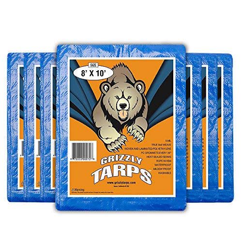 Grizzly Tarps by B-Air 8' x 10' Large Multi-Purpose Waterproof Heavy Duty Poly Tarp with Grommets Every 36", 8x8 Weave, 5 Mil Thick, for Home, Boats, Cars, Camping, Protective Cover, Pack of 4, Blue