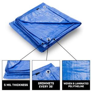 Grizzly Tarps by B-Air 8' x 10' Large Multi-Purpose Waterproof Heavy Duty Poly Tarp with Grommets Every 36", 8x8 Weave, 5 Mil Thick, for Home, Boats, Cars, Camping, Protective Cover, Pack of 4, Blue