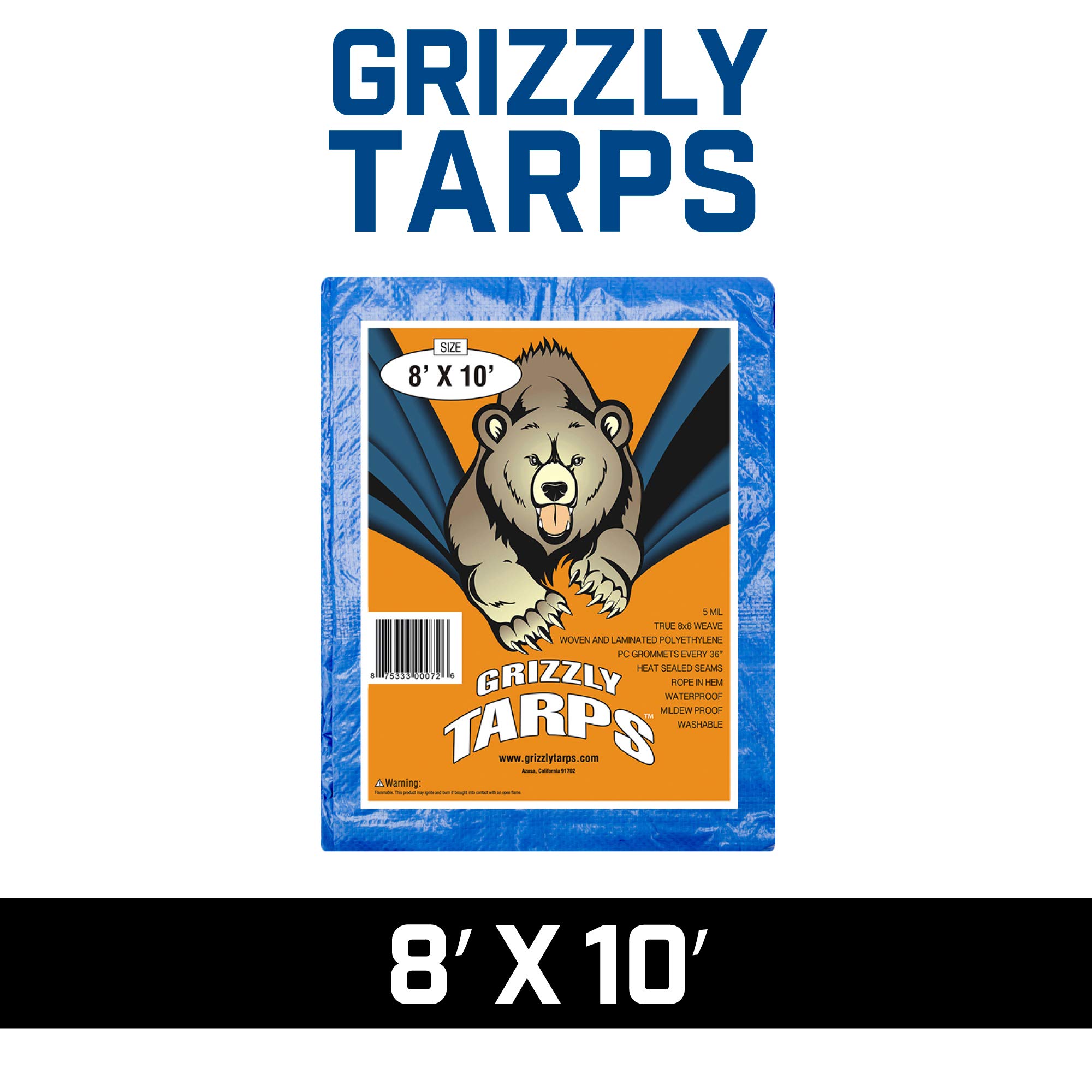 Grizzly Tarps by B-Air 8' x 10' Large Multi-Purpose Waterproof Heavy Duty Poly Tarp with Grommets Every 36", 8x8 Weave, 5 Mil Thick, for Home, Boats, Cars, Camping, Protective Cover, Pack of 4, Blue