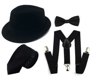 gcfiypp 1920s men accessory set manhattan hat, y-back suspenders, pre tied bow tie,gangster tie for theme party, halloween (black)