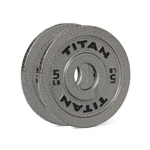 titan fitness 5 lb cast iron olympic plates, sold in pairs, classic weight plate design, silver hammer finish