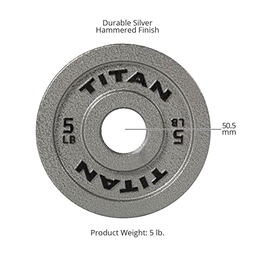 Titan Fitness 5 LB Cast Iron Olympic Plates, Sold in Pairs, Classic Weight Plate Design, Silver Hammer Finish