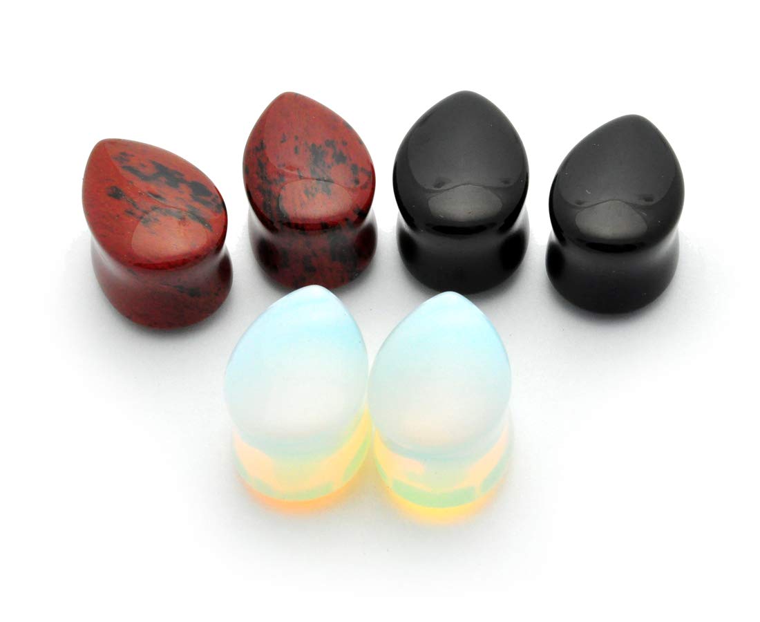 Mystic Metals Body Jewelry Set of 3 Pairs Teardrop Stone Plugs - Black Onyx, Opalite, Mahogany Obsidian (00g (10mm))