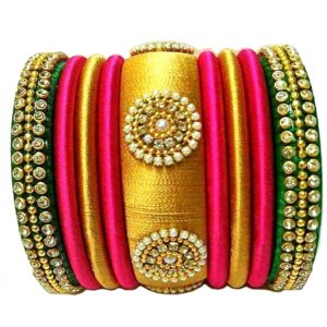 goelx festive offer: rani pink green and gold silk thread handcrafted bangle bracelet for women - 2.4