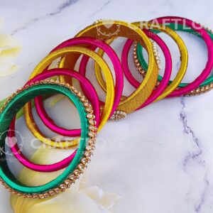 GOELX Festive Offer: Rani Pink Green and Gold Silk Thread Handcrafted Bangle Bracelet for Women - 2.4