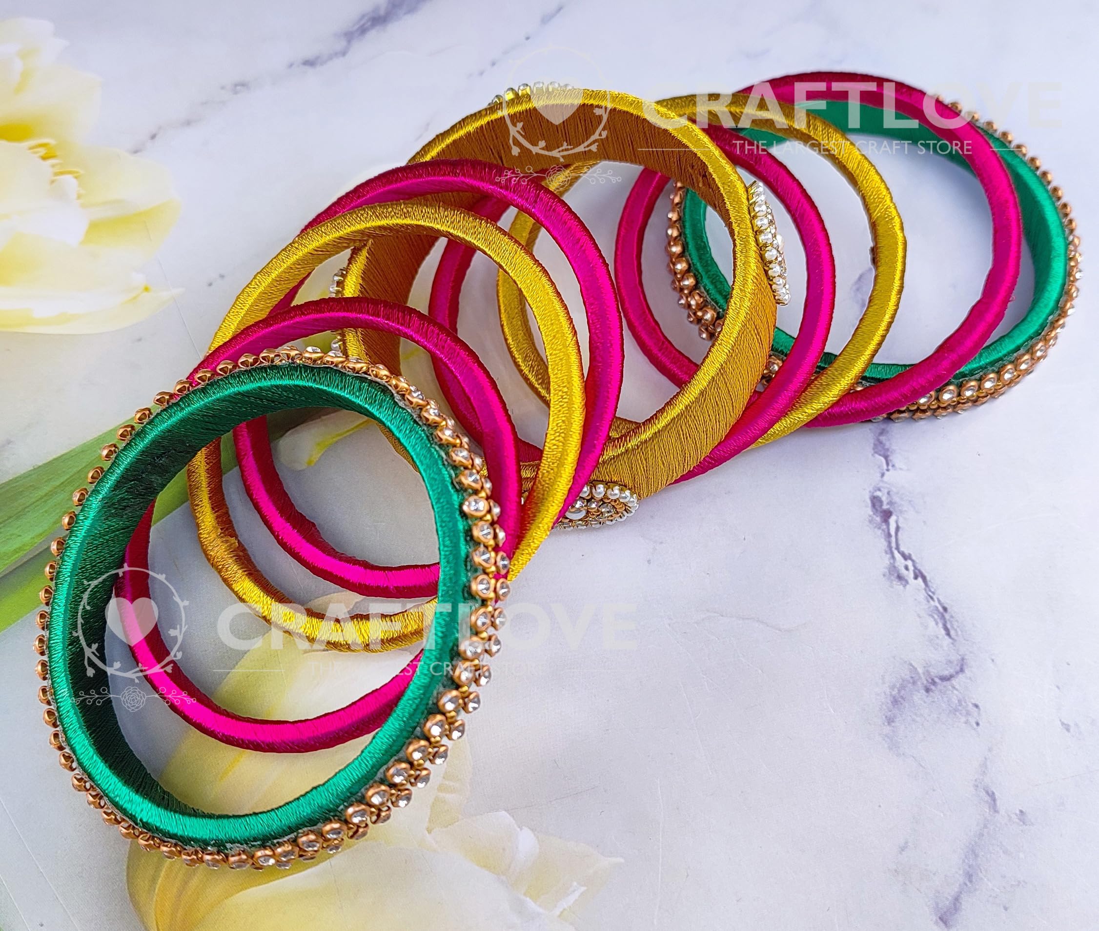 GOELX Festive Offer: Rani Pink Green and Gold Silk Thread Handcrafted Bangle Bracelet for Women - 2.4