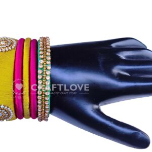 GOELX Festive Offer: Rani Pink Green and Gold Silk Thread Handcrafted Bangle Bracelet for Women - 2.4